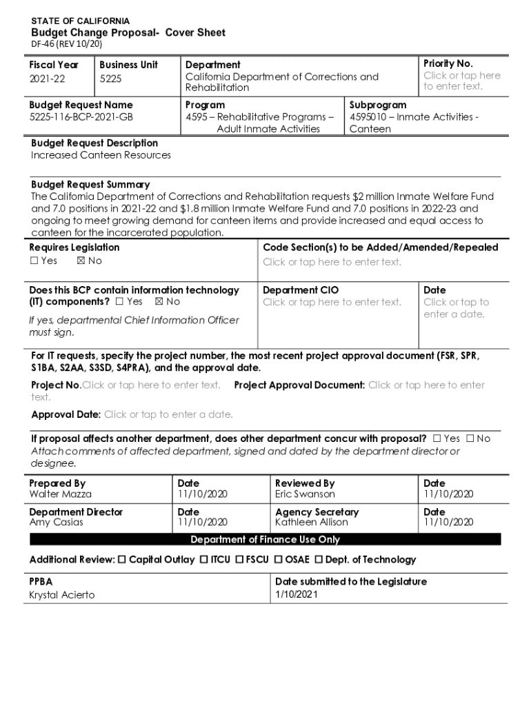 Fillable Online STATE OF CALIFORNIA Budget Change Proposal - Cover ...