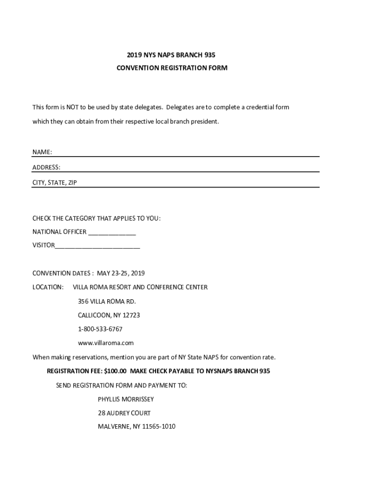 Fillable Online 2019 NYS NAPS BRANCH 935 CONVENTION REGISTRATION FORM ...