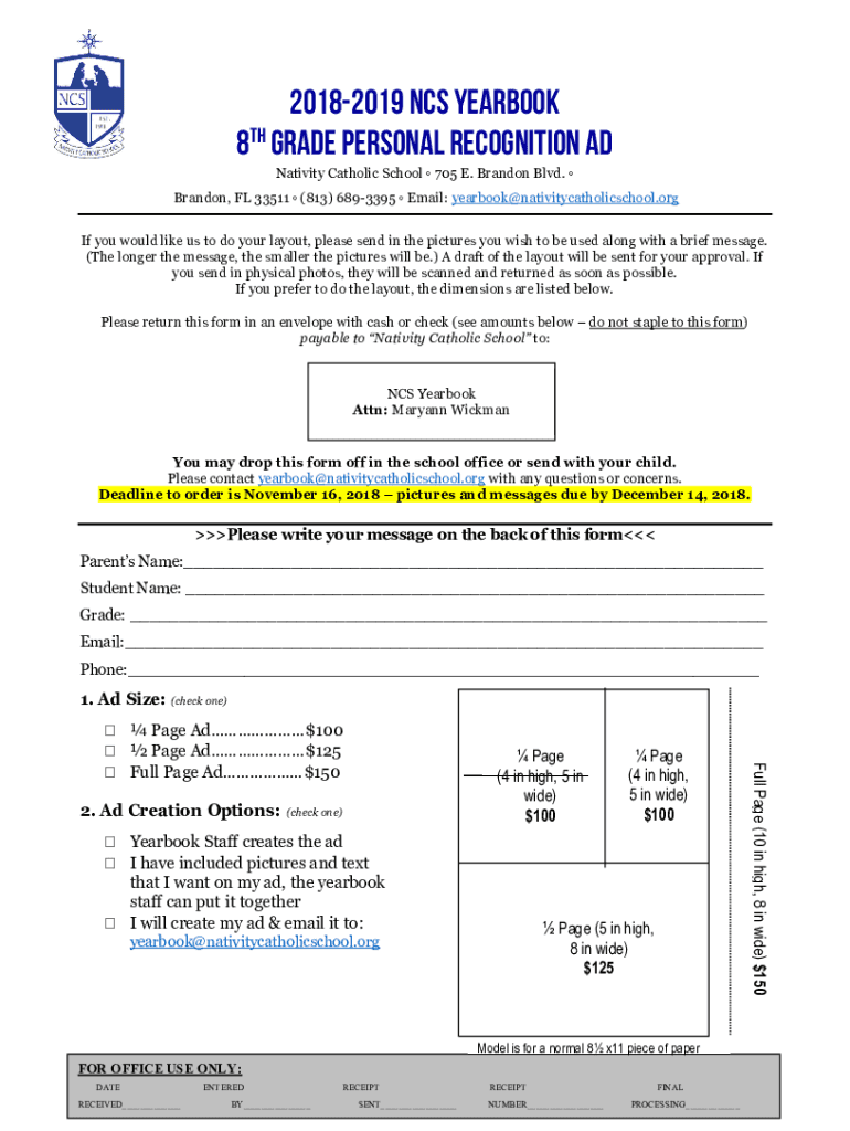 Fillable Online 2018-2019 Yearbook 8th Grade Recognition Form Fax Email ...