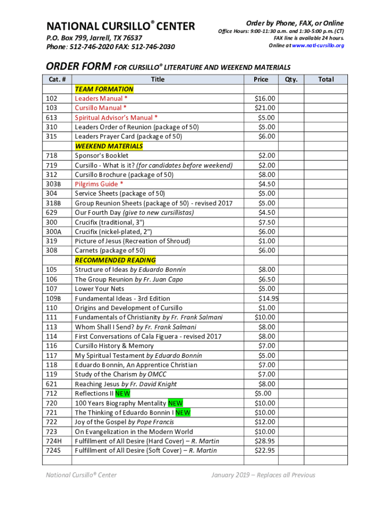 Fillable Online ORDER FORM FOR CURSILLO LITERATURE AND WEEKEND ...