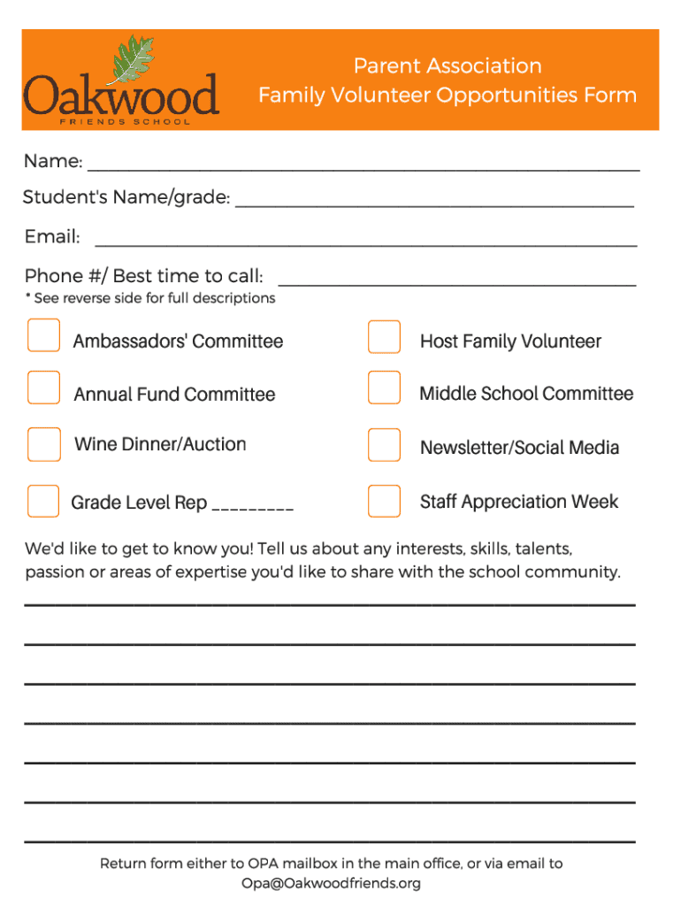 Fillable Online Parent AssociationFamily Volunteer Opportunities Form ...