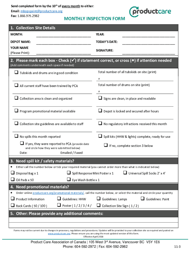 Fillable Online Monthly Paint Depot Inspection Checklist - productcare ...