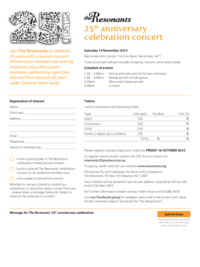 Fillable Online The Resonants 25th anniversary celebration concert ...