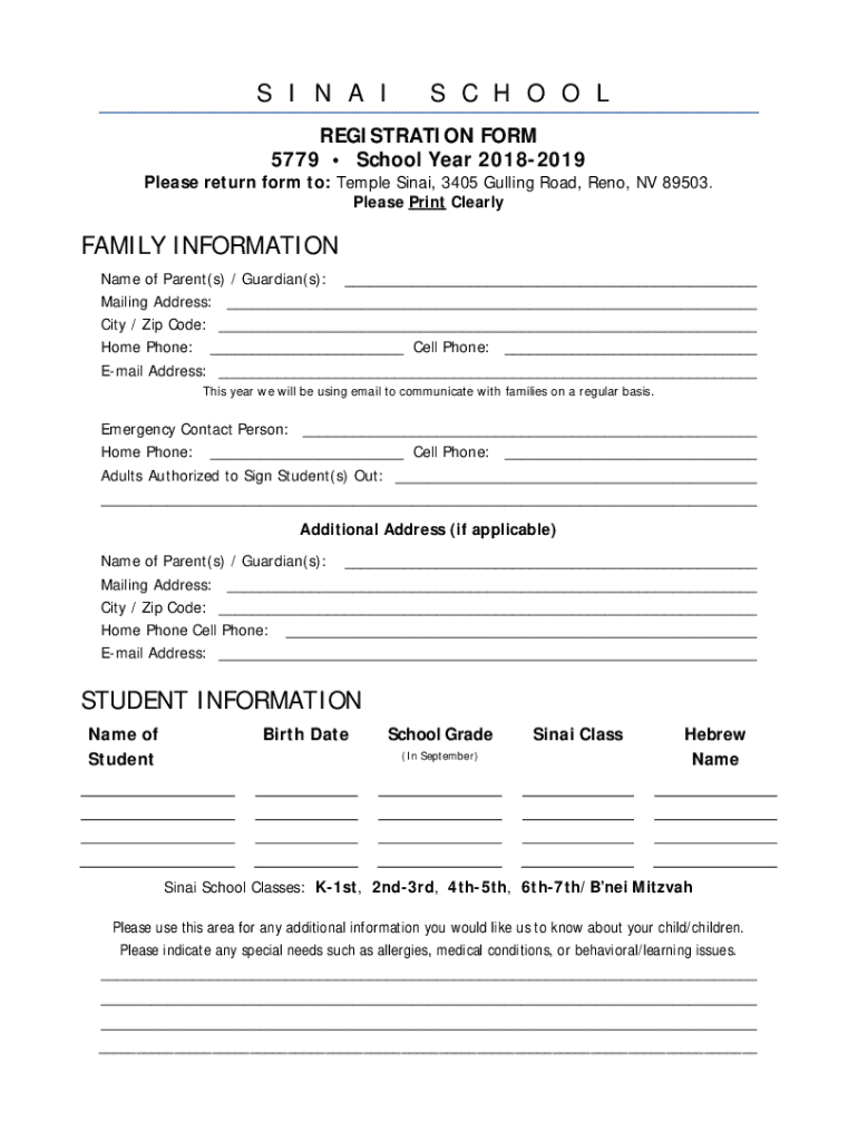 Fillable Online TEMPLE SINAI RELIGIOUS SCHOOL REGISTRATION FORM Fax Email Print - pdfFiller
