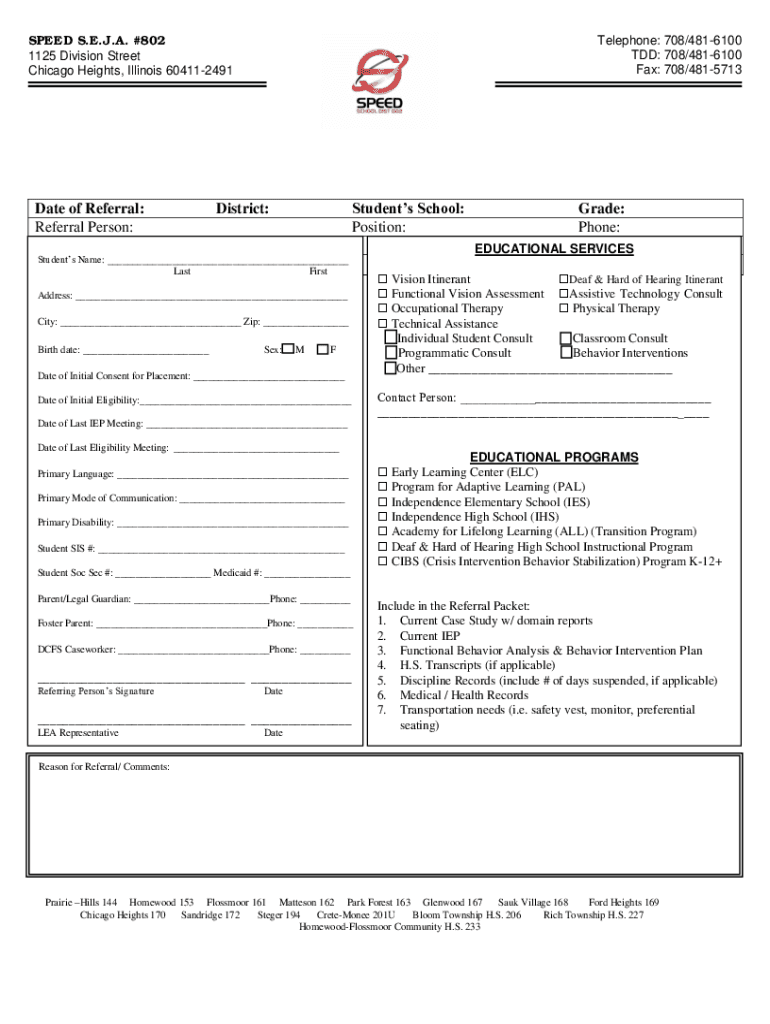 Fillable Online SPEED SEJA, District 802, Special Education Joint ...