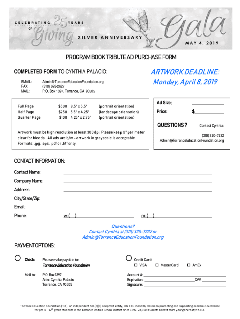 Fillable Online TEF 25th Gala-Program Ad Form Fax Email Print - pdfFiller