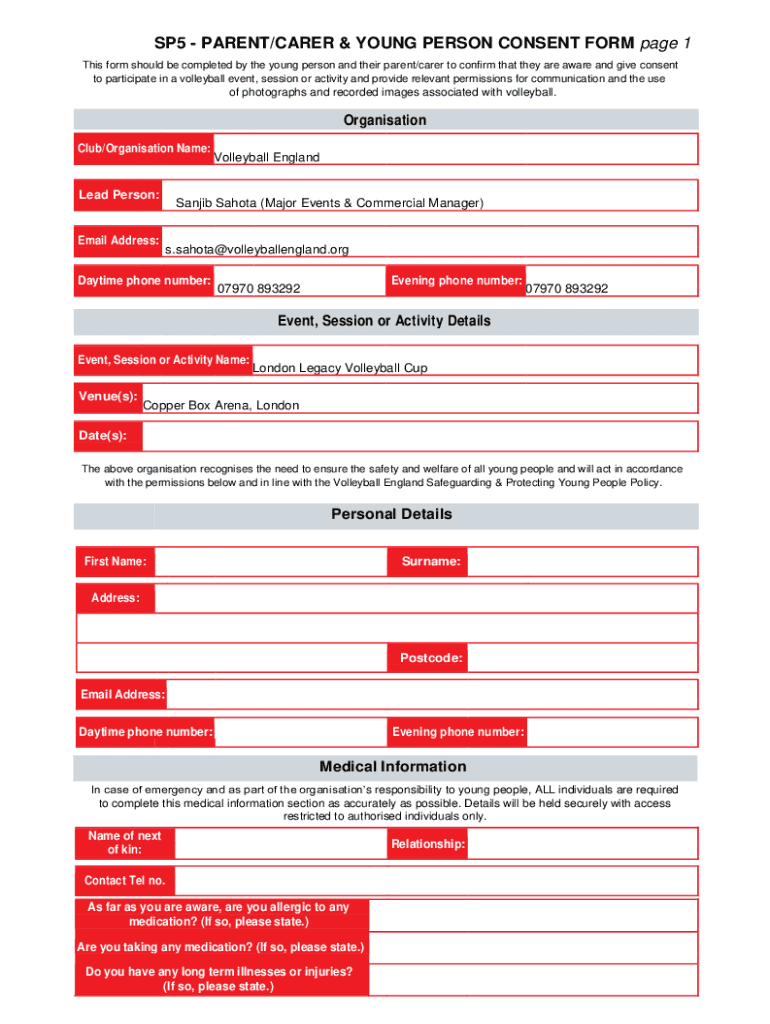 Fillable Online SP5 - PARENT/CARER & YOUNG PERSON CONSENT FORM page 1 Fax Email Print - pdfFiller
