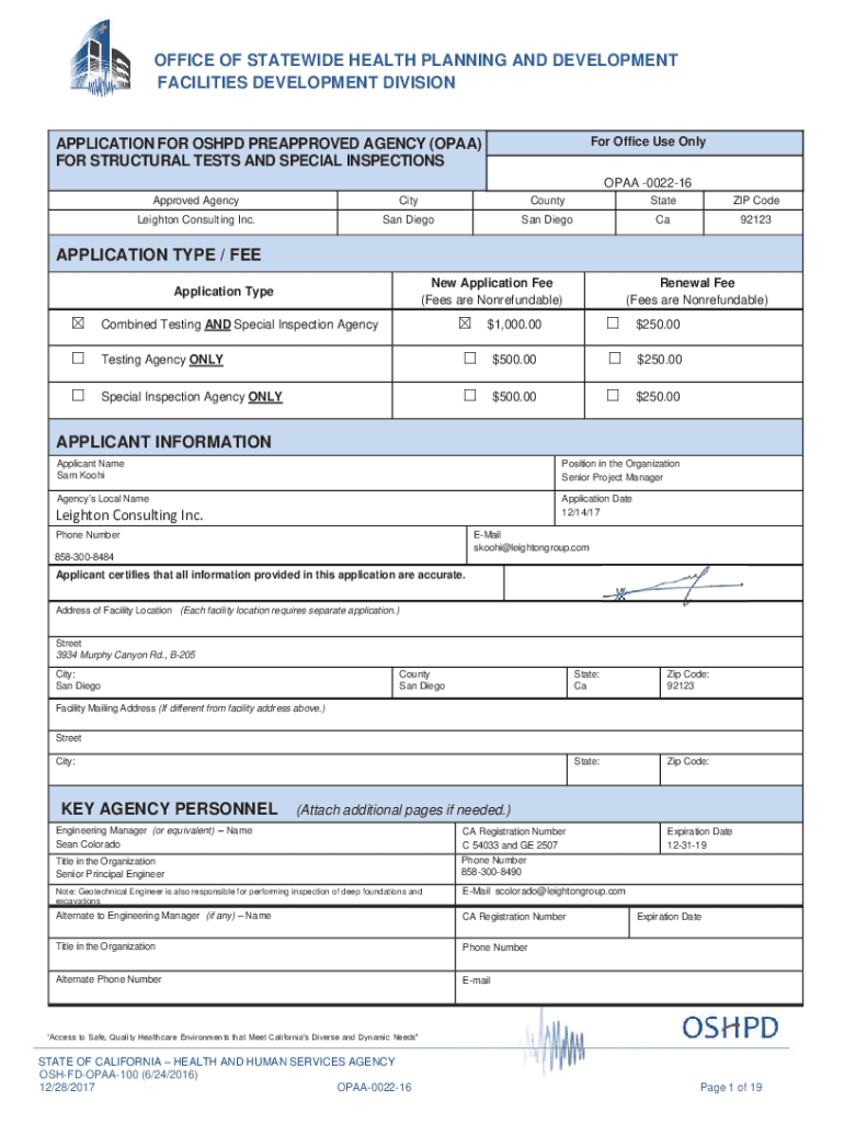 Fillable Online oshpd ca OSHPD Preapproved Agency (OPAA). Leighton ...