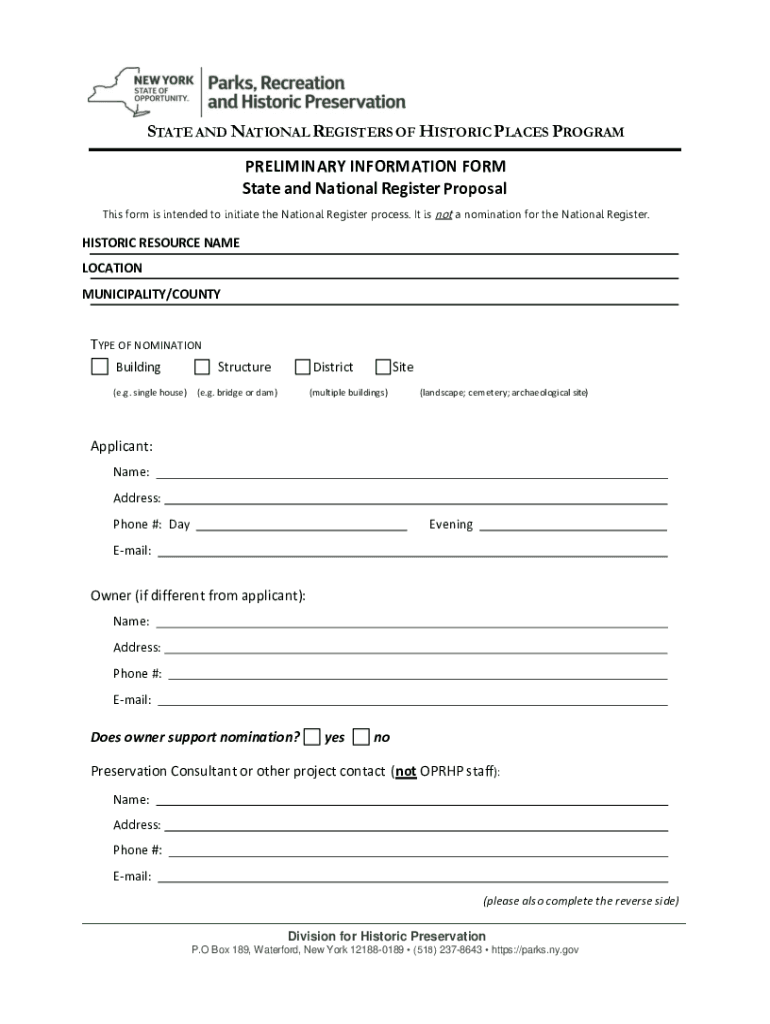 Fillable Online parks ny PRELIMINARY INFORMATION FORM State and ...