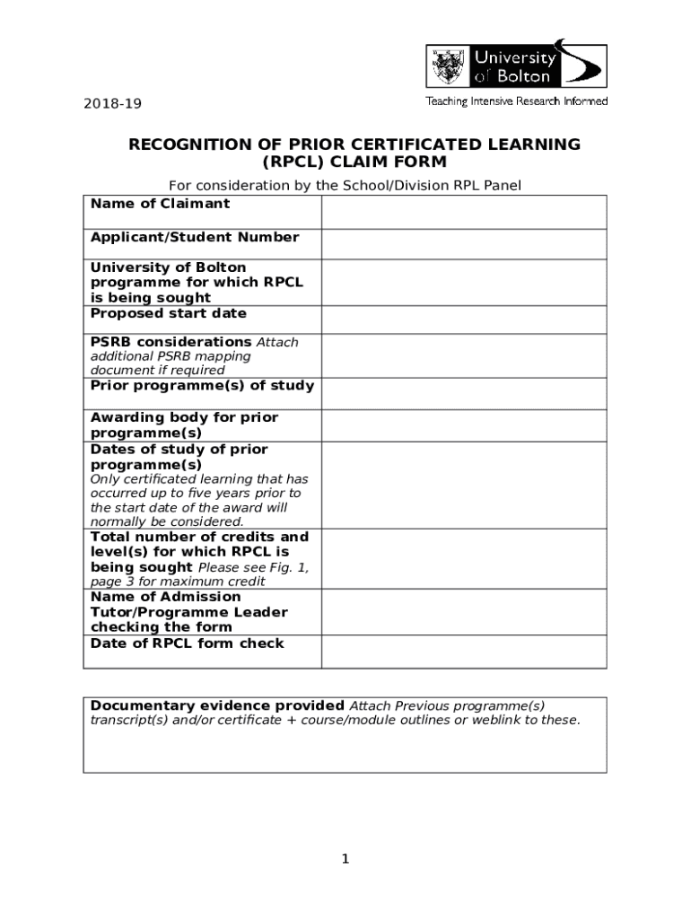 Recognition of Prior Certificated Learning Claim 2017-18 Doc Template ...
