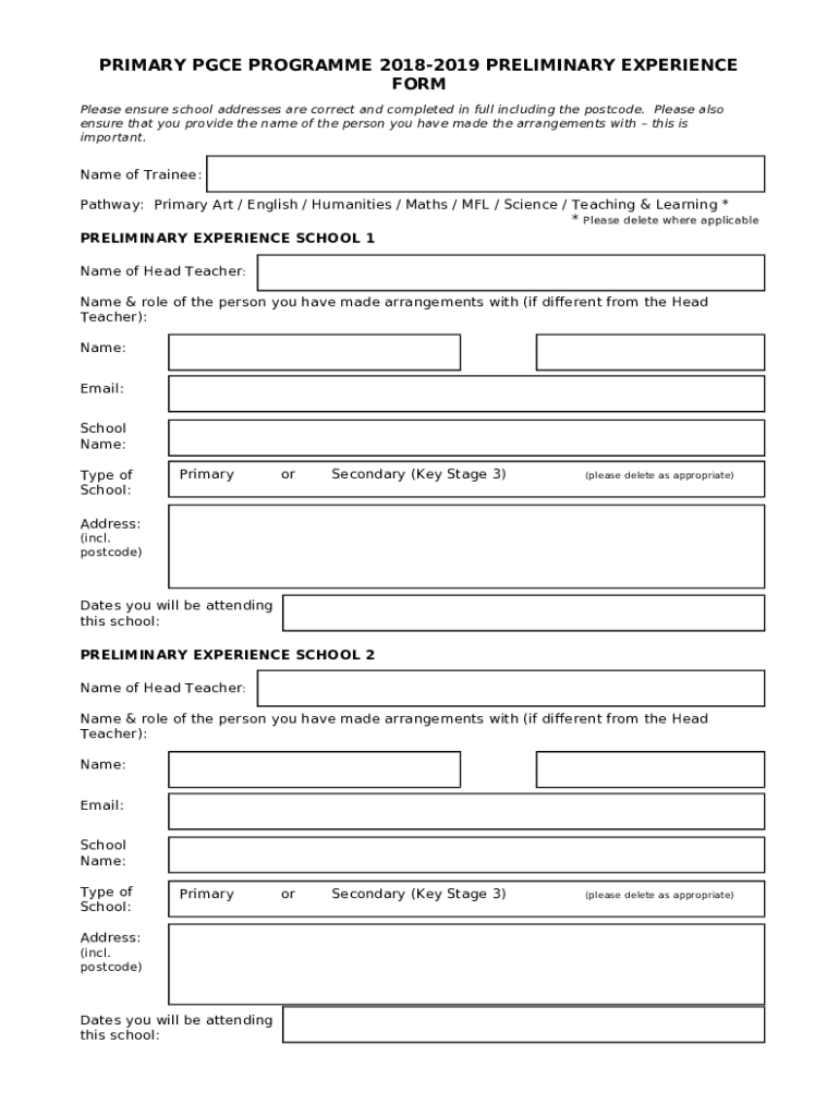 PRIMARY PGCE PROGRAMME 2018-2019 PRELIMINARY EXPERIENCE Doc Template ...
