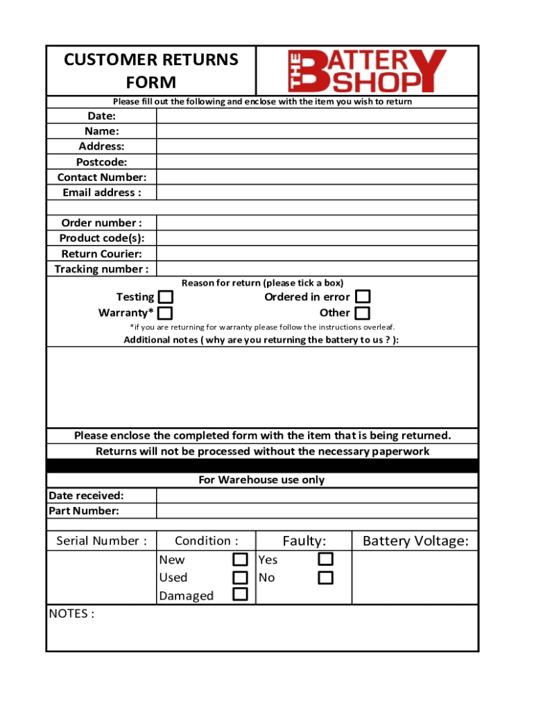 Fillable Online CUSTOMER RETURNS FORM - Battery Megastore Fax Email Print - pdfFiller