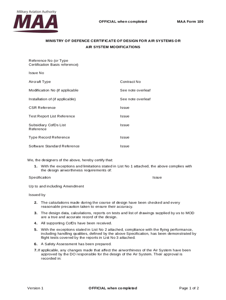 Online MAA 100 Certificate of Design for Air ... Doc Template | pdfFiller