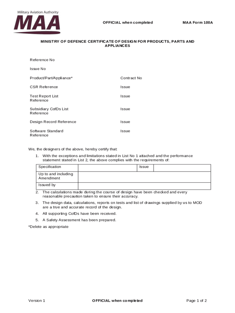 MAA 100A Certificate of Design for Parts and ... - Gov.uk Doc Template ...