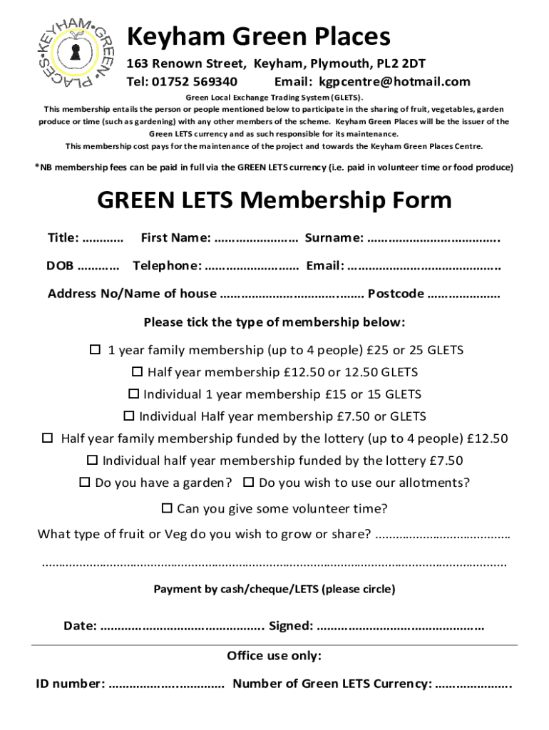 Fillable Online GLETS Membership - Keyham Green Places Fax Email Print ...