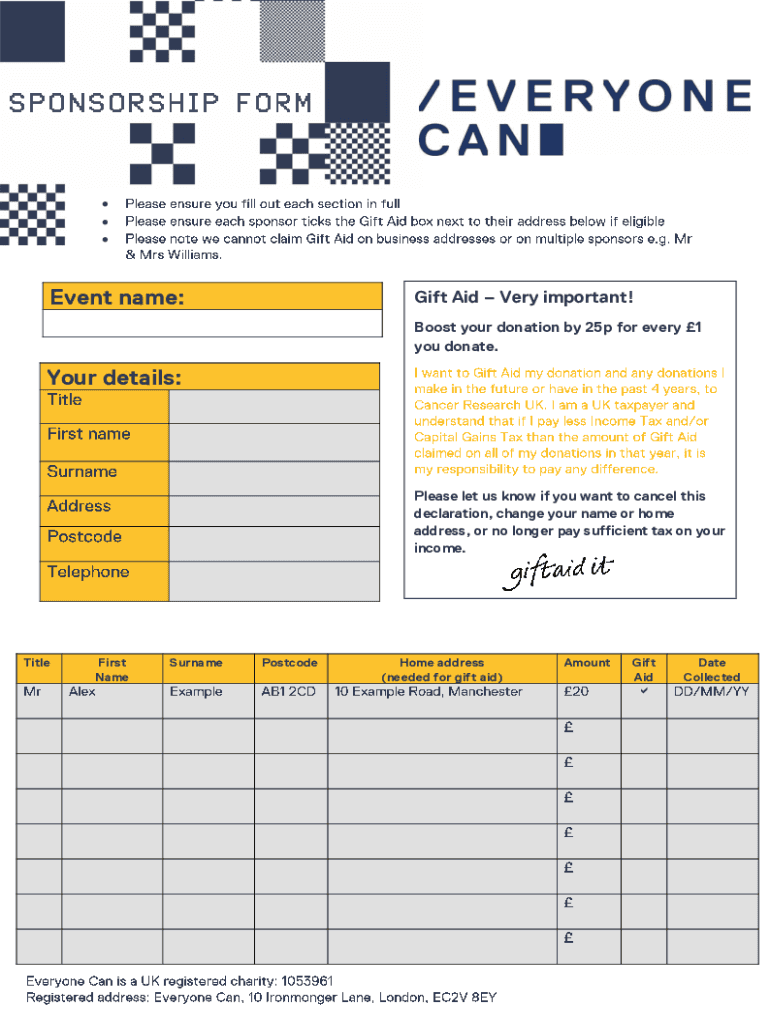 Fillable Online SPONSORSHIP FORM Join our fight for young lives against ...
