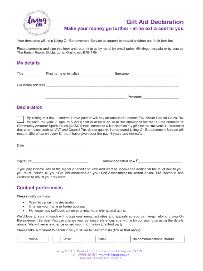 Fillable Online Gift Aid declaration form Make your gift go further at ...