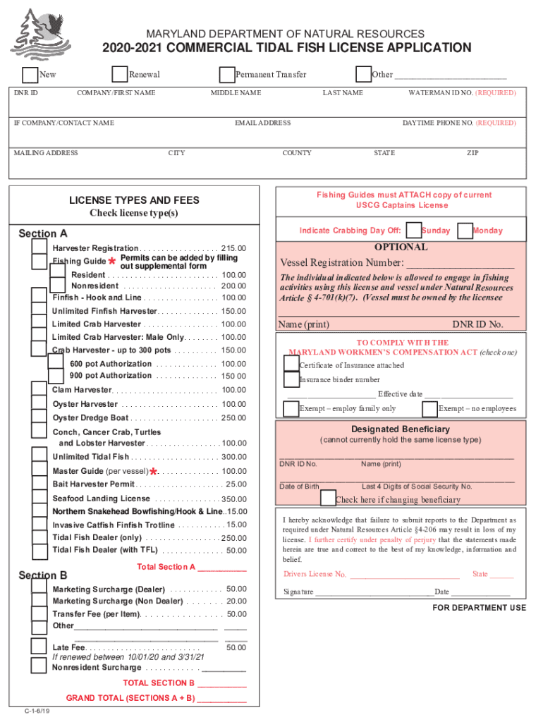 Fillable Online dnr state md 2020-2021 COMMERCIAL TIDAL FISH LICENSE ...