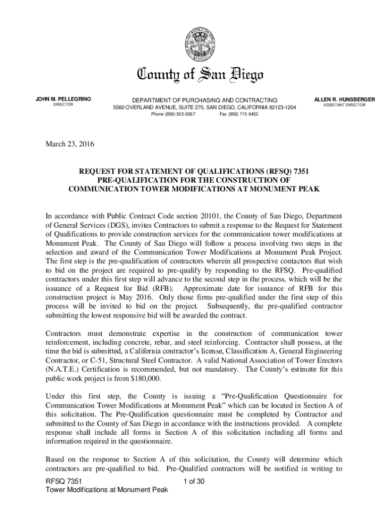 Fillable Online REQUEST FOR STATEMENT OF QUALIFICATIONS (RFSQ #7191 ...