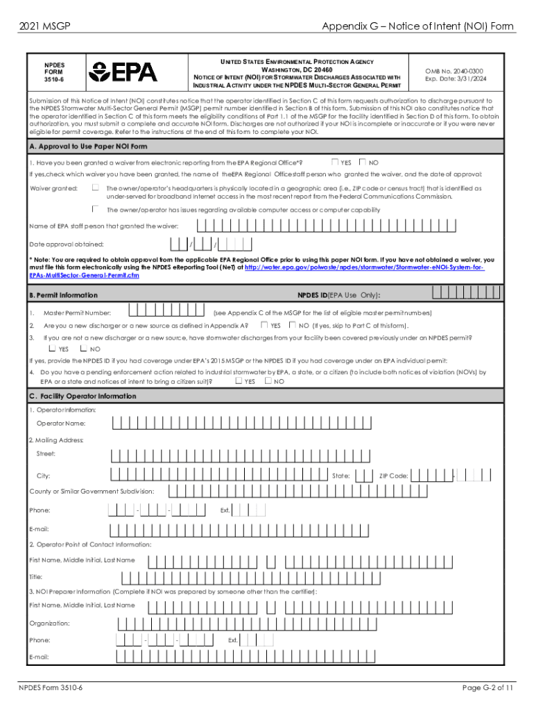 Fillable Online Notice of Intent (NOI) Form - US EPA Fax Email Print ...
