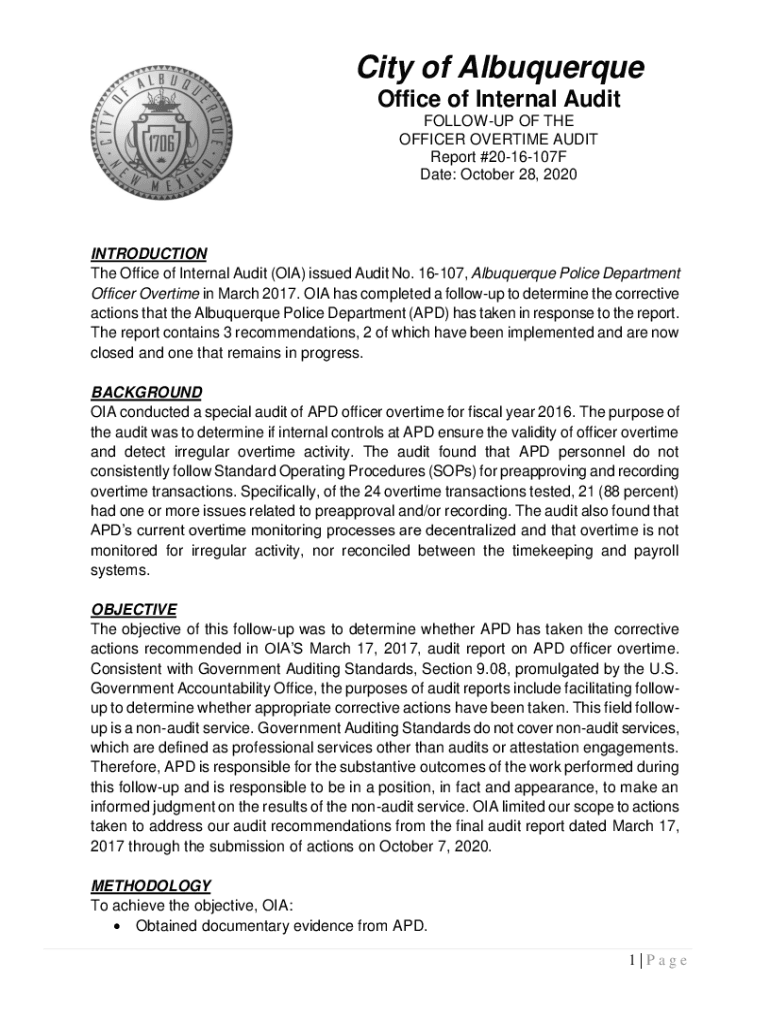Fillable Online 20-16-107F Follow-Up APD Officer OT Audit.pdf City of ...