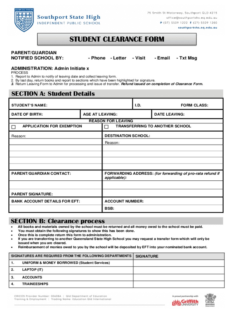 Fillable Online southportshs eq edu STUDENT CLEARANCE FORM - Southport ...