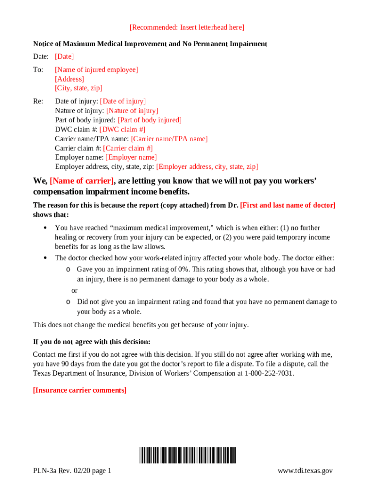 Notice of Maximum Medical Improvement and No Permanent Impairment ...