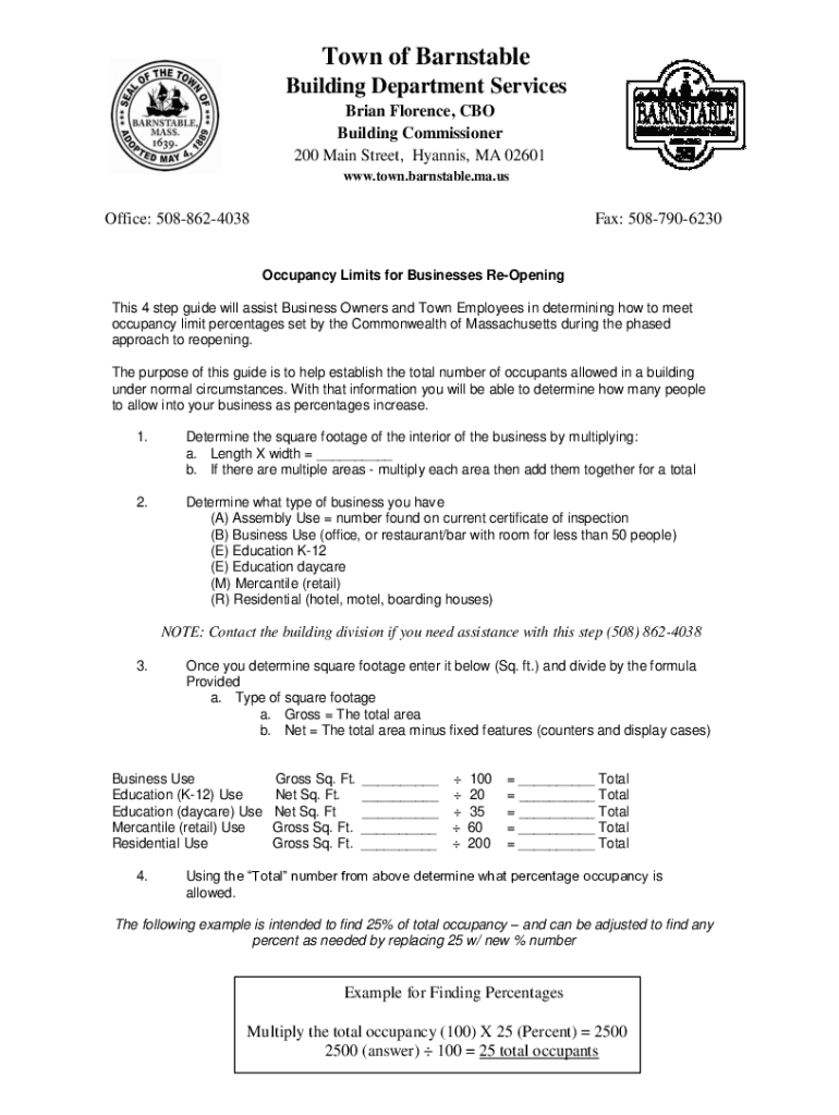 Fillable Online town barnstable ma Occupancy Limits for Businesses Re ...