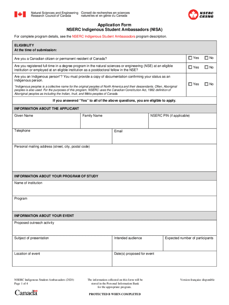 Fillable Online Application Form NSERC Indigenous Student Ambassadors ...