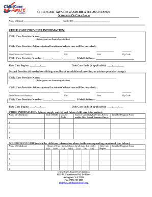 Fillable Online CHILD CARE AWARE of AMERICA FEE ASSISTANCE SCHEDULE OF ...