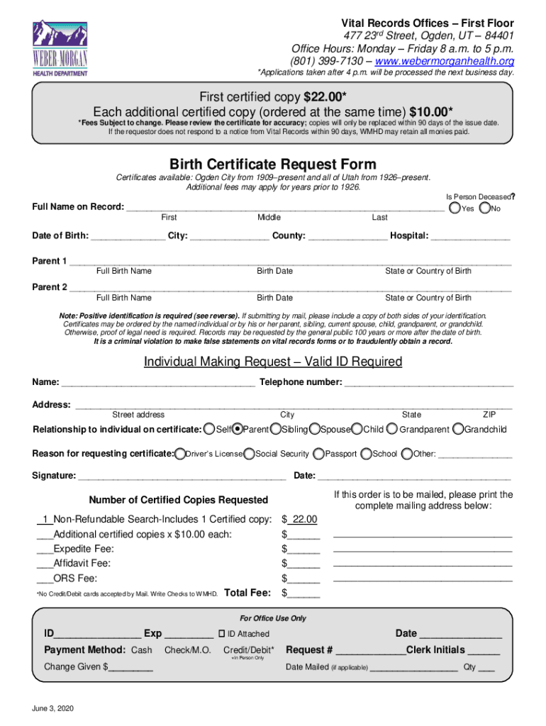2020-2025 UT Weber-Morgan Health Birth Certificate Request Form Fill ...
