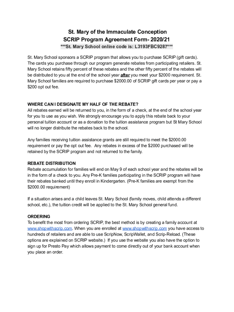 Fillable Online St. Mary of the Immaculate Conception SCRIP Program Agreement ... Fax Email ...