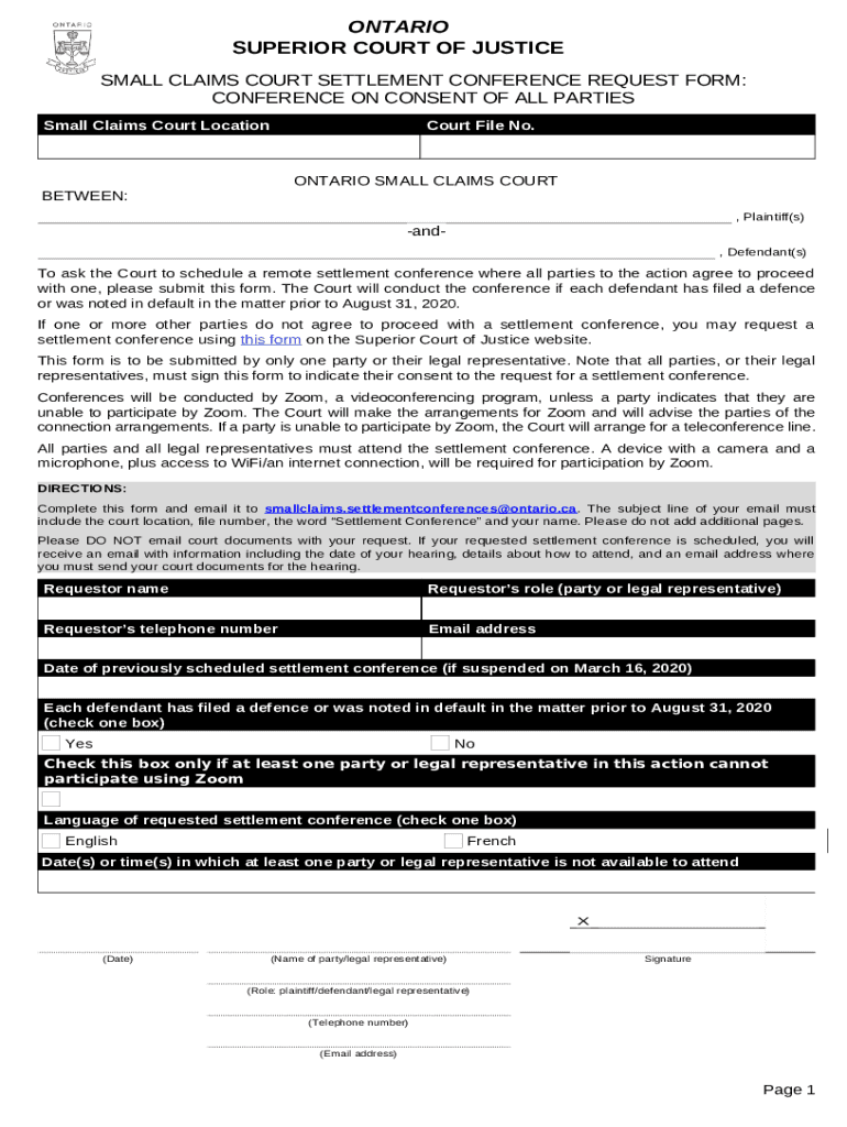 Small Claims Court Settlement Conference Request . , Small Claims Court ...
