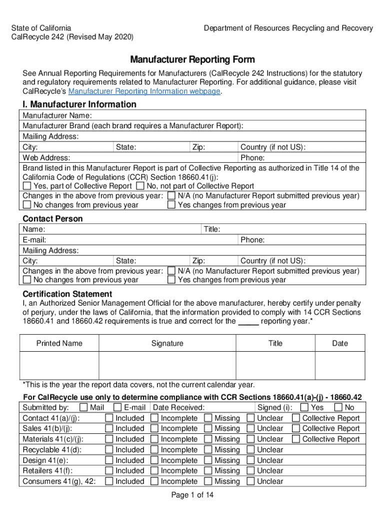 Fillable Online www2 calrecycle ca Fillable Online Manufacturer ...