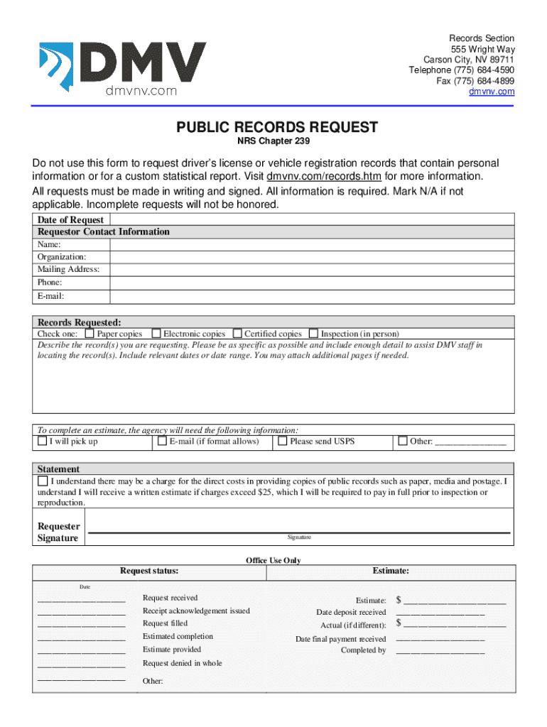 Fillable Online dmv nv Nevada DMV Public Records Request Form Fax Email ...