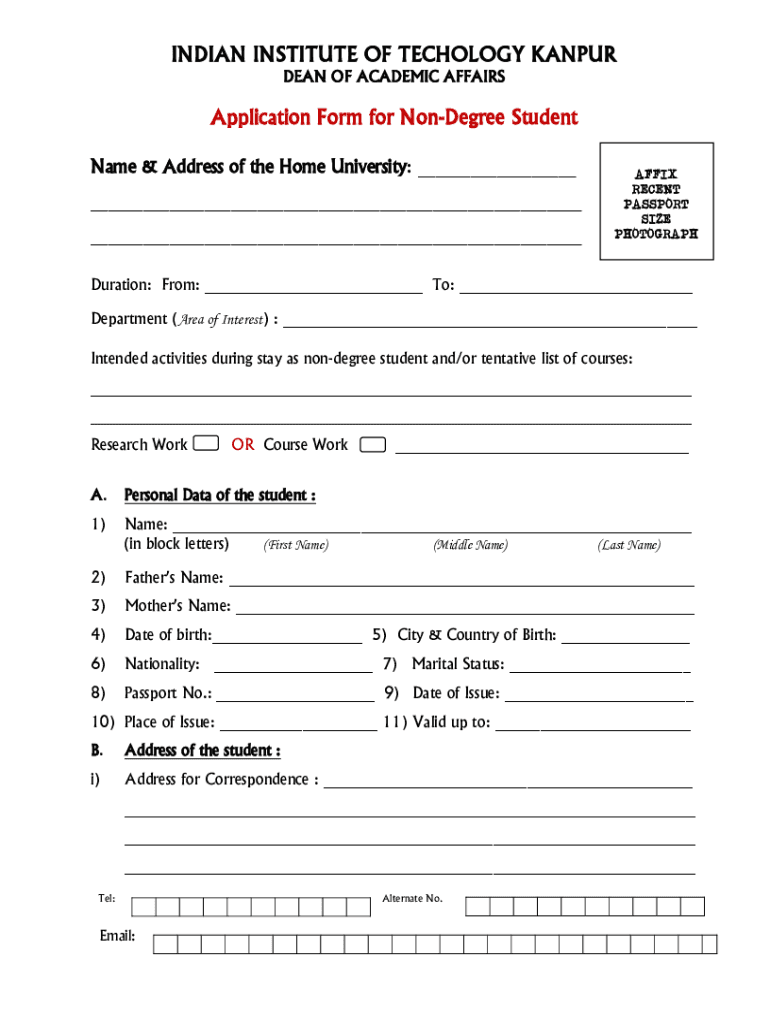 Fillable Online iitk ac Application Form for Non-Degree Student - IIT ...