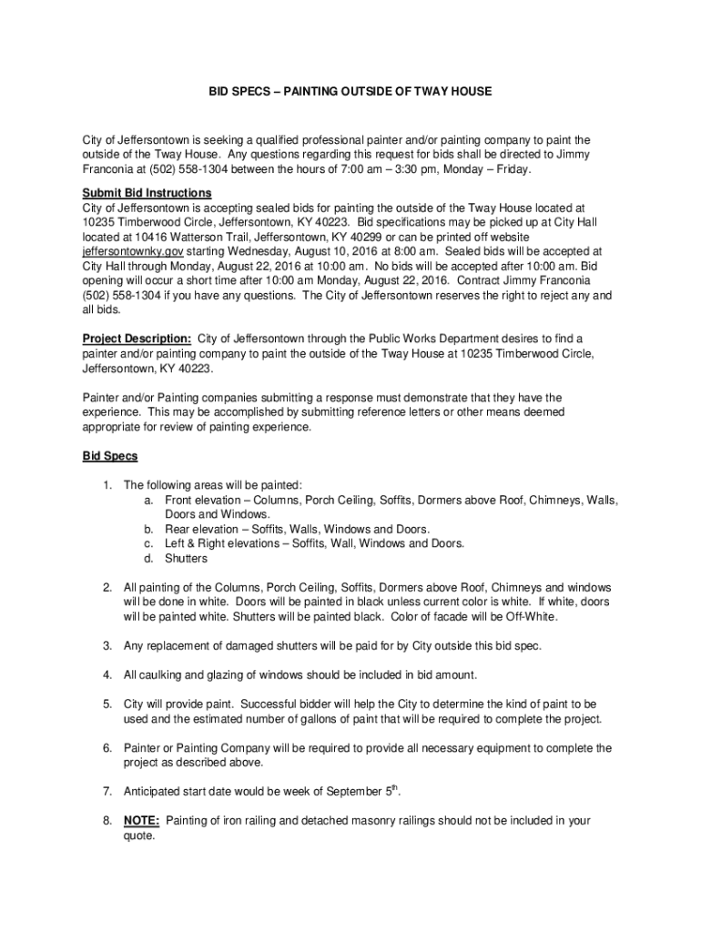 Fillable Online BID SPECS PAINTING OUTSIDE OF TWAY HOUSE City of ...