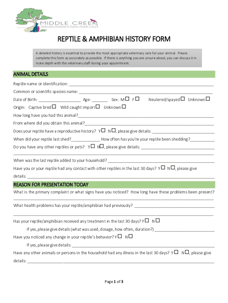 Fillable Online REPTILE & AMPHIBIAN HISTORY FORM - Middle Creek Vet Fax ...