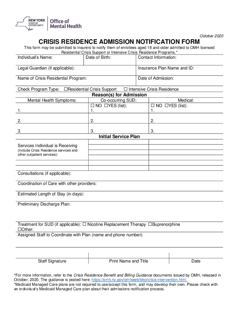 Fillable Online omh ny Adult Crisis Residence Admissions Notification ...