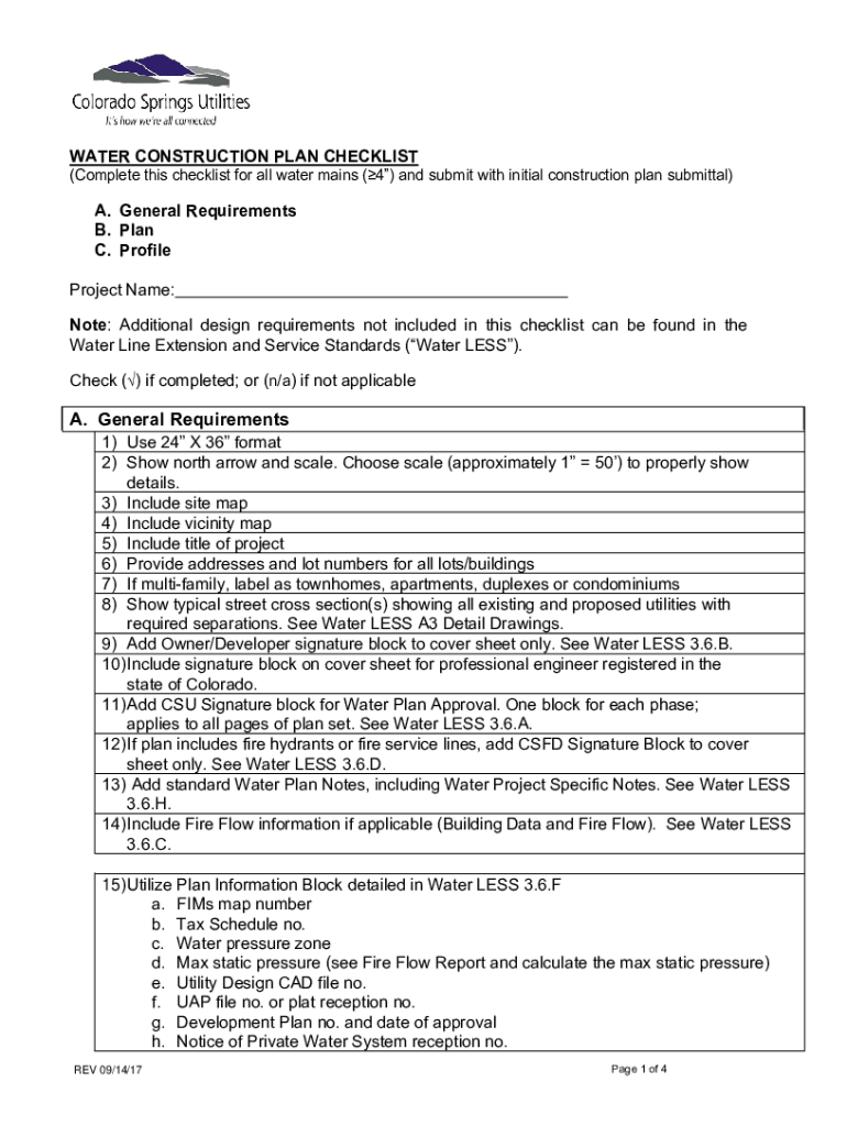 Fillable Online Water Construction Plan Checklist. Water Construction ...