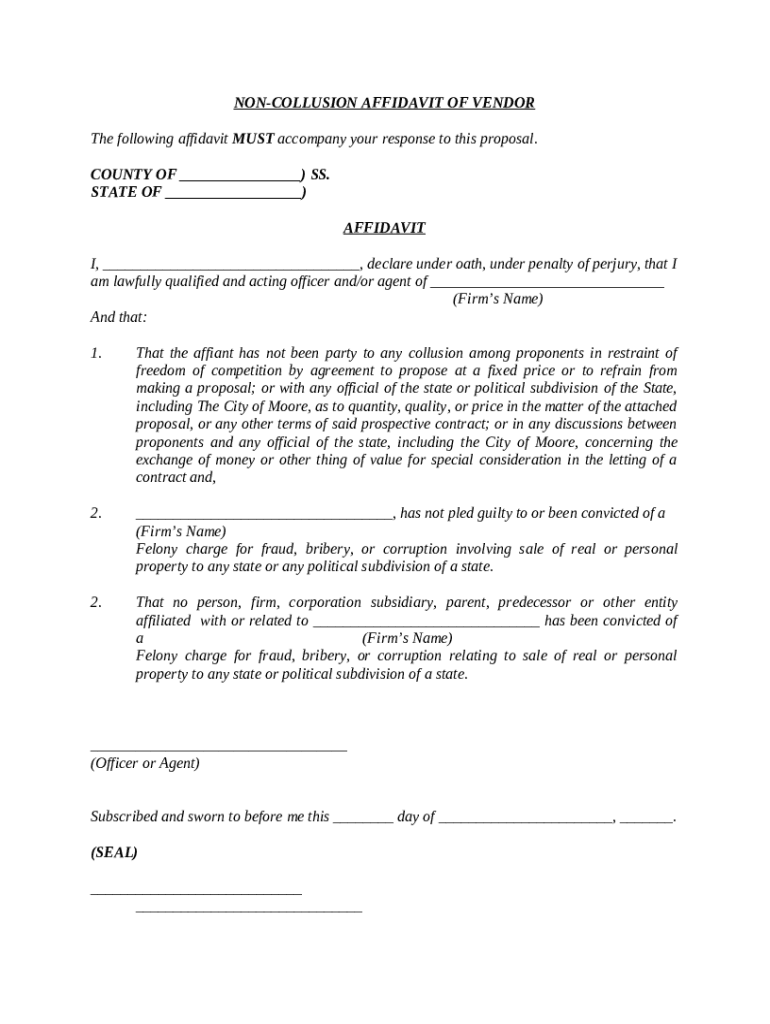 NON-COLLUSION AFFIDAVIT OF VENDOR Doc Template | pdfFiller