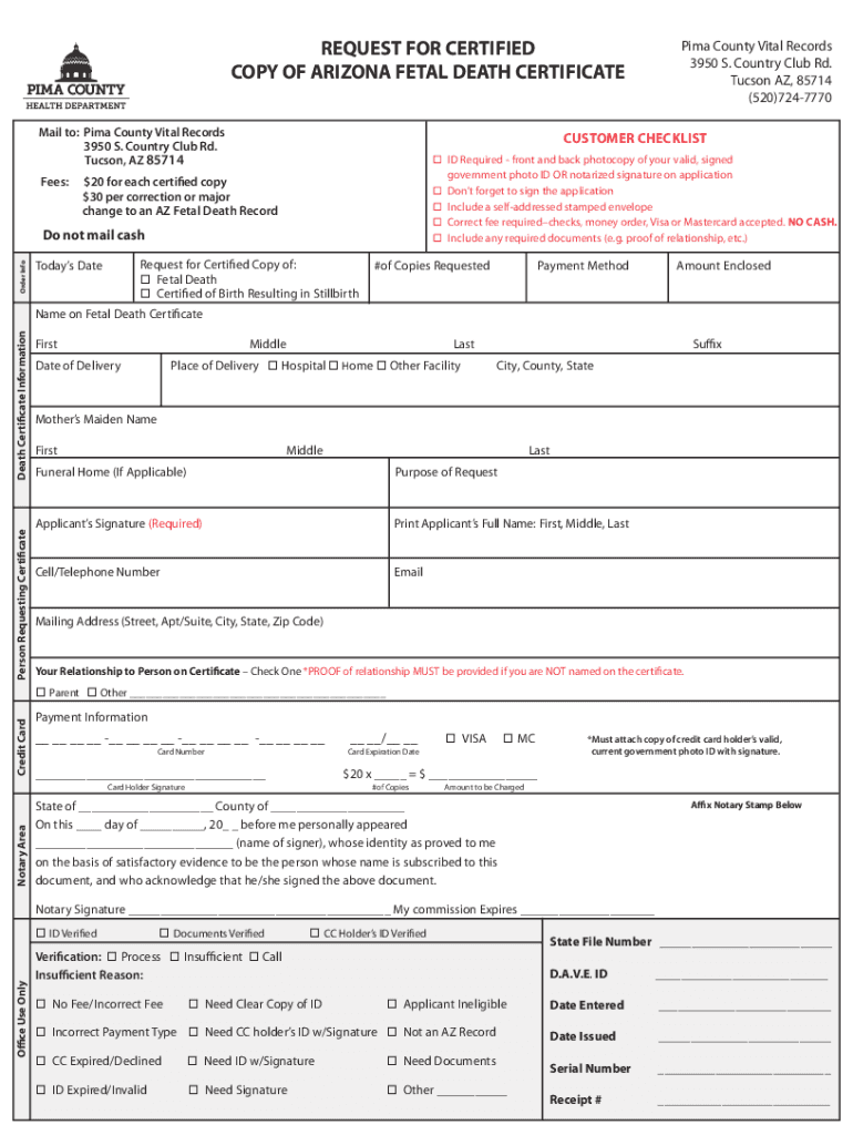 Fillable Online REQUEST FOR CERTIFIED COPY OF ARIZONA FETAL DEATH ...