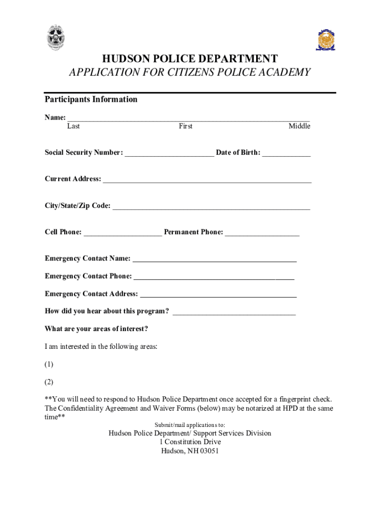 Fillable Online HUDSON POLICE DEPARTMENT APPLICATION FOR CITIZENS ...