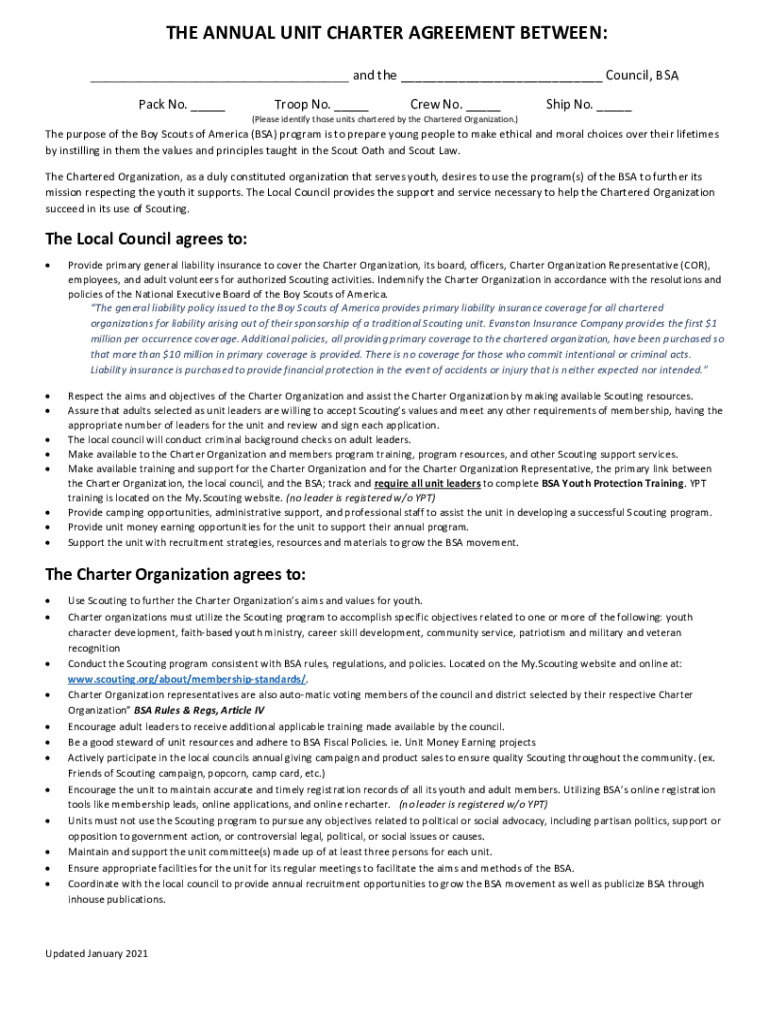Fillable Online THE ANNUAL UNIT CHARTER AGREEMENT BETWEEN - Boy Scouts ...