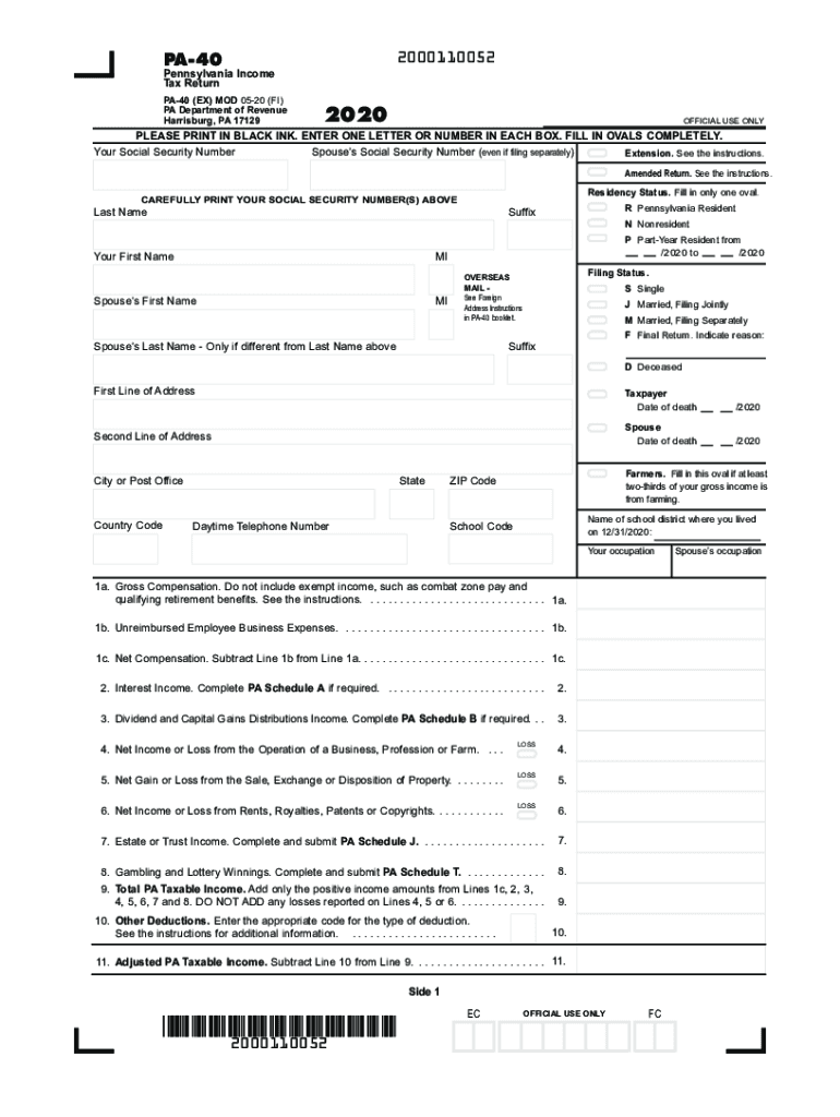 Fillable Online 2020 Pennsylvania Income Tax Return (PA-40). Forms ...