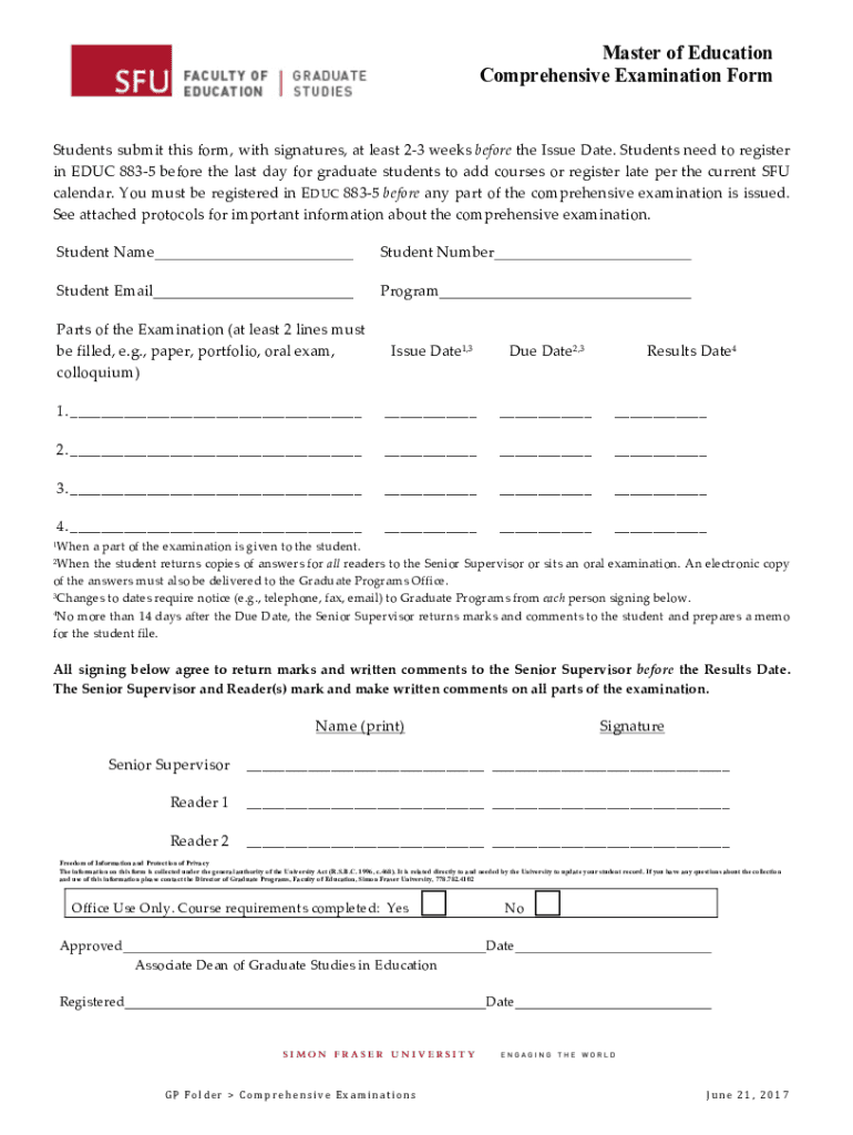 Fillable Online Master of Education Comprehensive Examination Form Fax ...