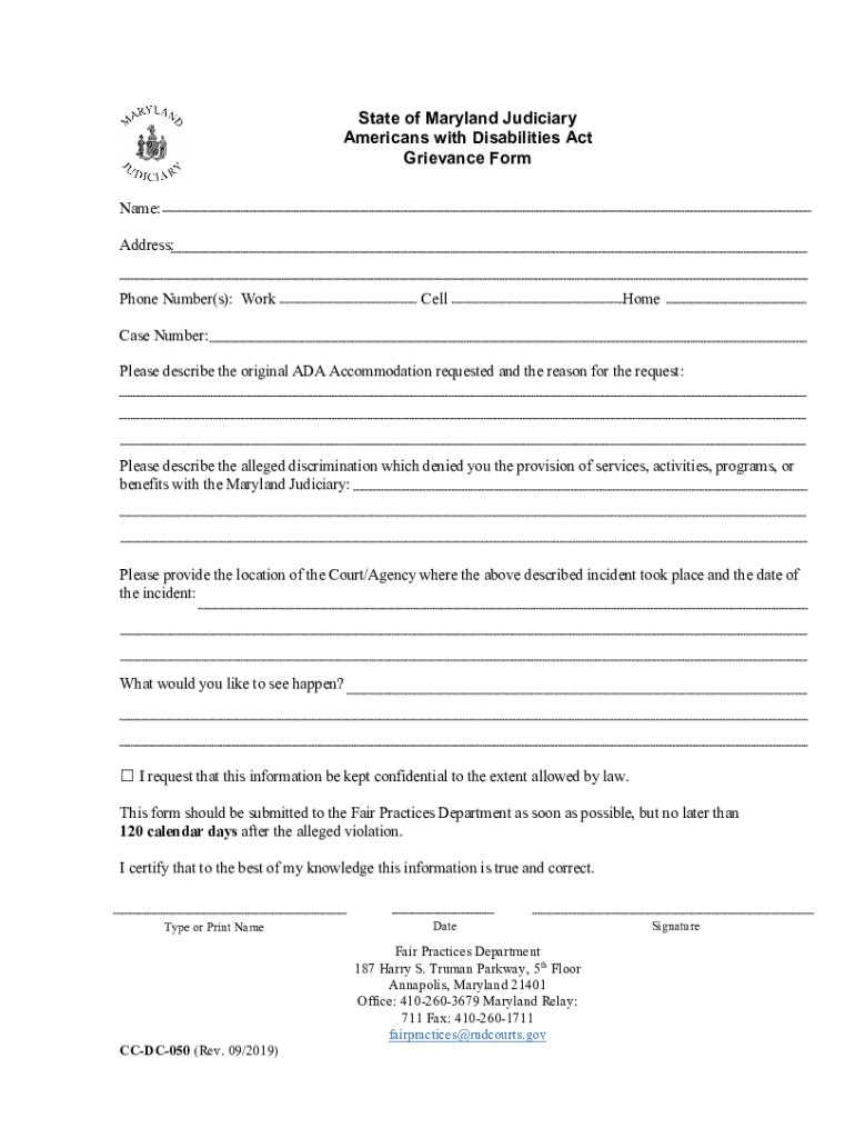 Fillable Online CC-DC-050 - State of Maryland Judiciary Americans with Disabilities Act ...