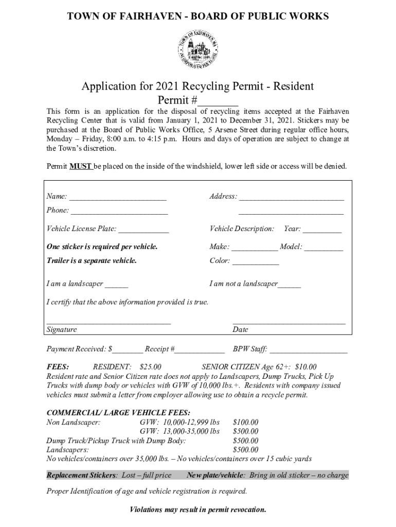 Fillable Online Application for 2021 Recycling Permit - Resident Permit ...