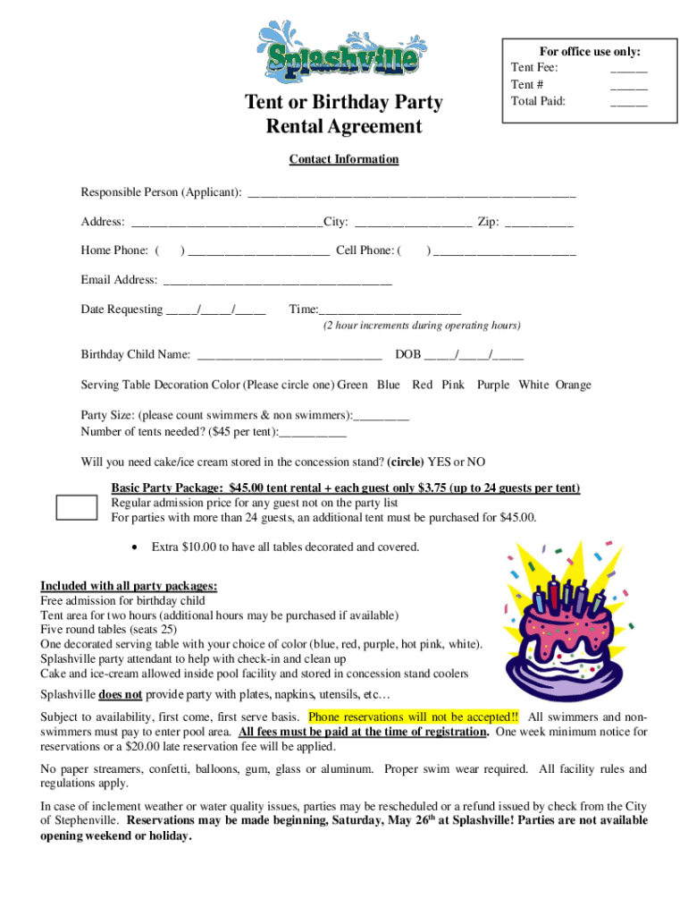 Fillable Online Tent or Birthday Party Rental Agreement - The City of ...