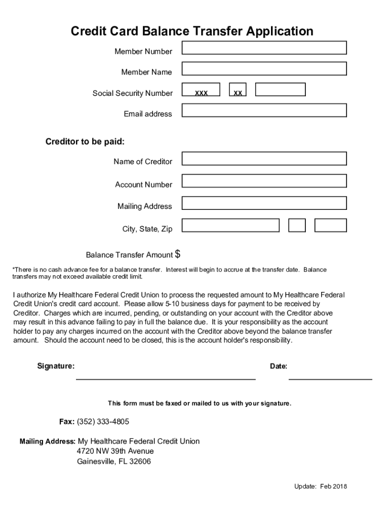 Fillable Online Credit Card Balance Transfer Application (2-21-2018 ...